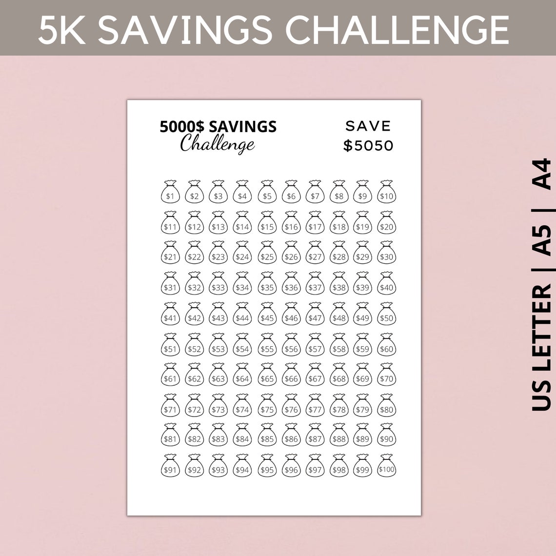 5k Savings Challenge Tracker Printable Save 5000 in a Year - Etsy Canada