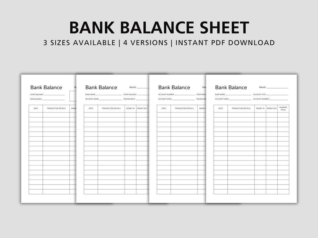 Bank Balance Sheet Printable, Budget Tracker Template, Personal Finance ...