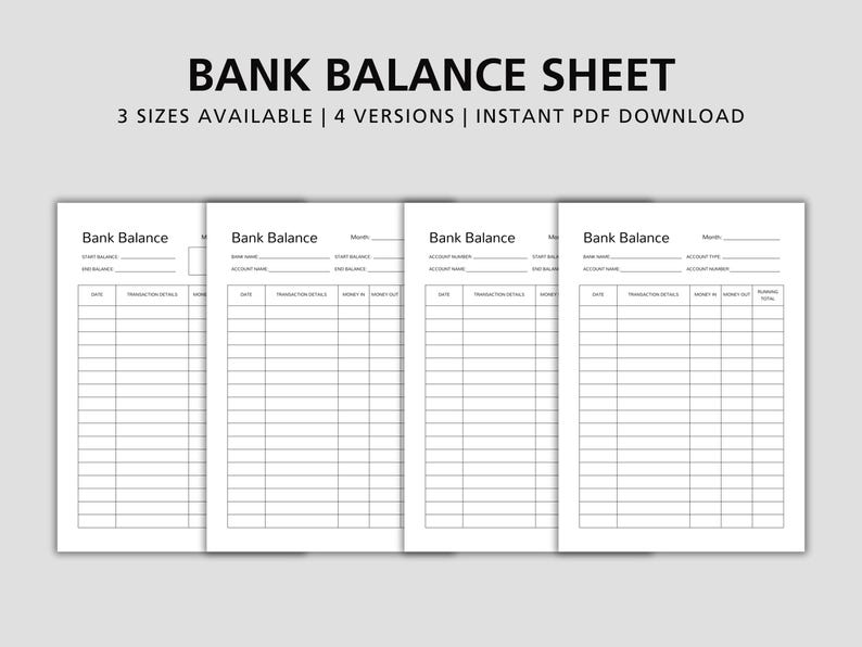 Bank Balance Sheet Printable, Budget Tracker Template, Personal Finance ...