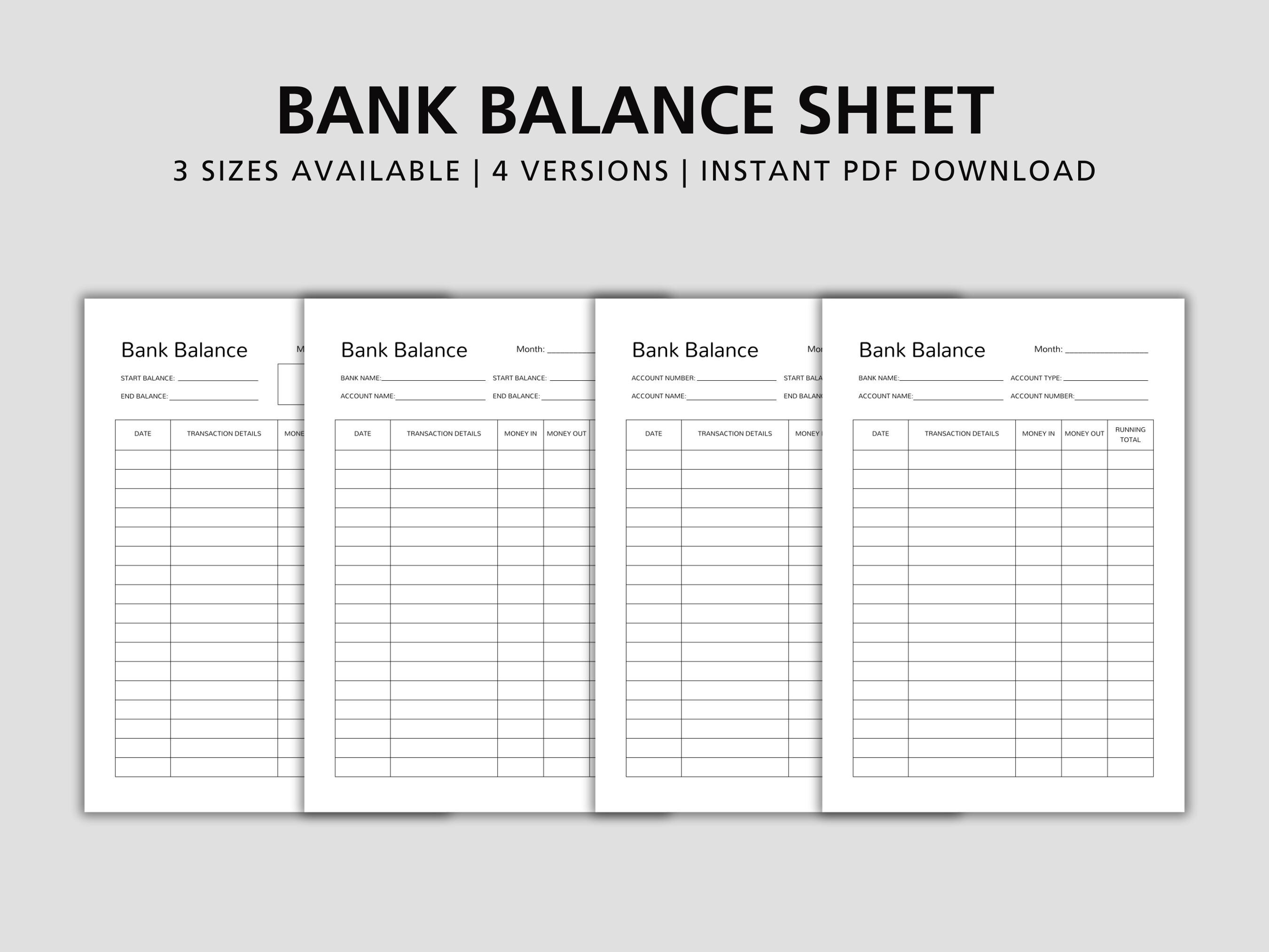 Bank Balance Sheet Printable, Budget Tracker Template, Personal Finance ...