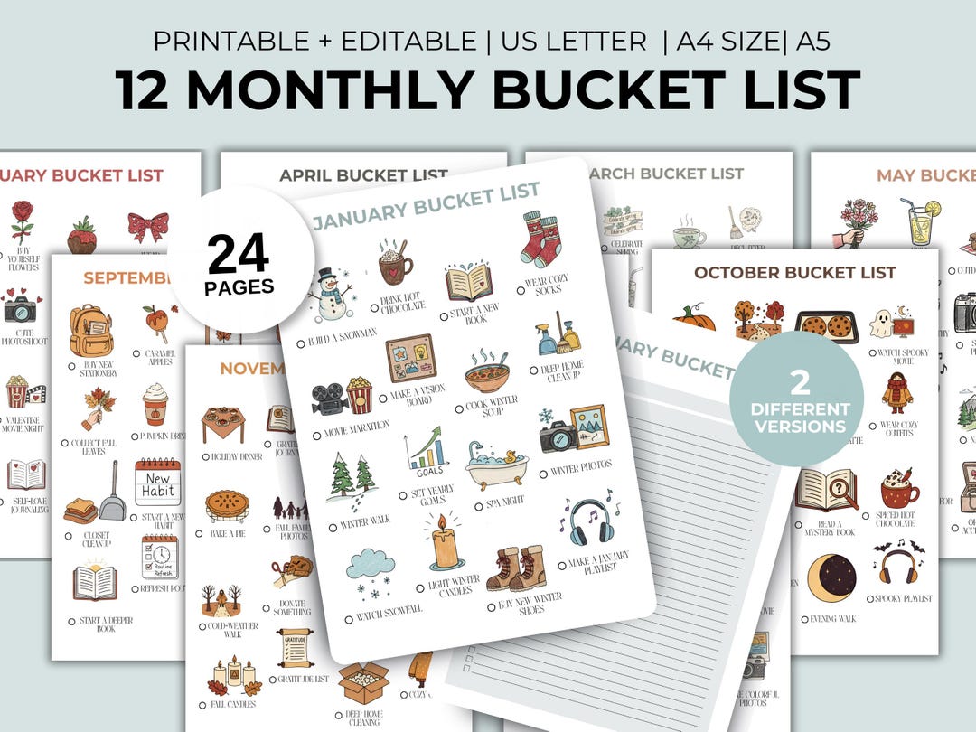 12 Monthly Bucket List Printable | 24 Pages | Aesthetic Bucket List for ...