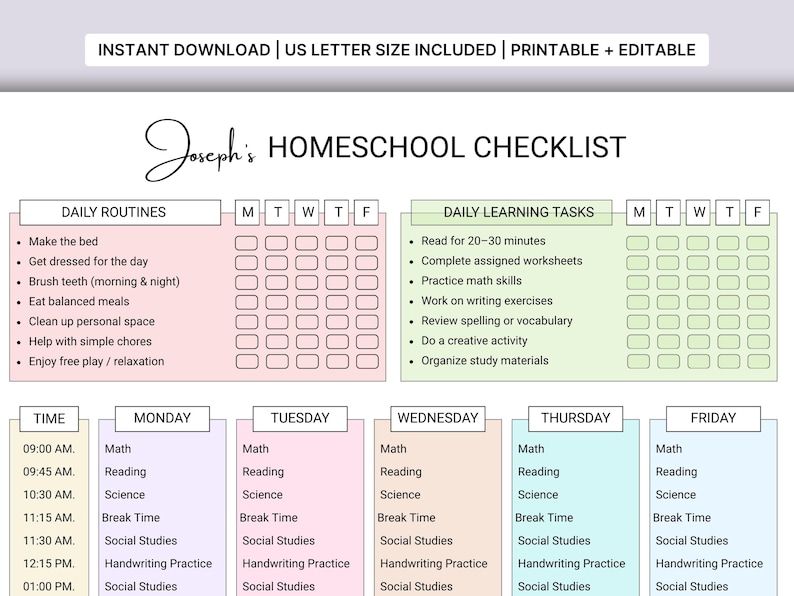 Homeschool Checklist Printable Editable | Daily Routine & Learning ...