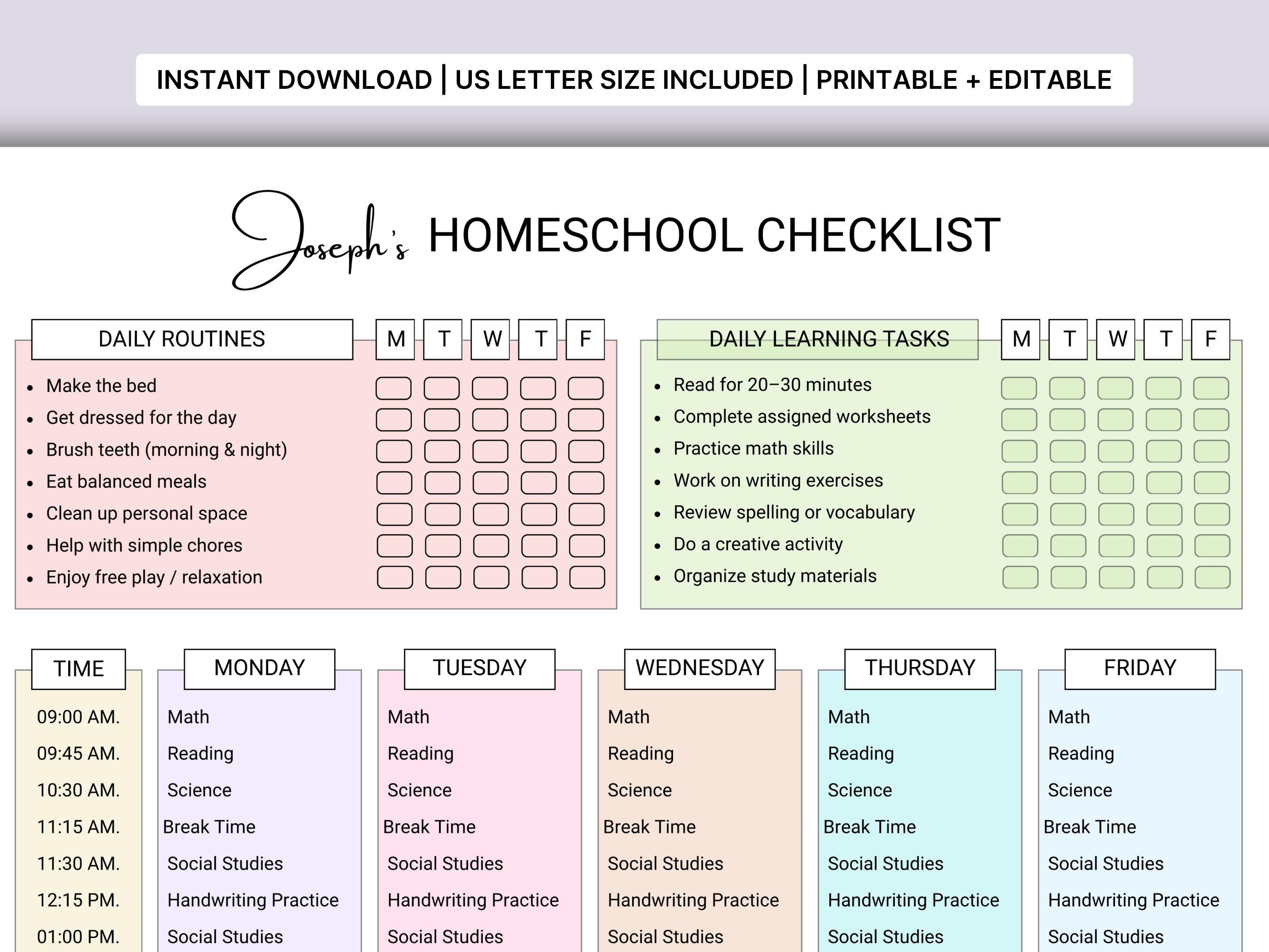 Homeschool Checklist Printable Editable | Daily Routine & Learning ...