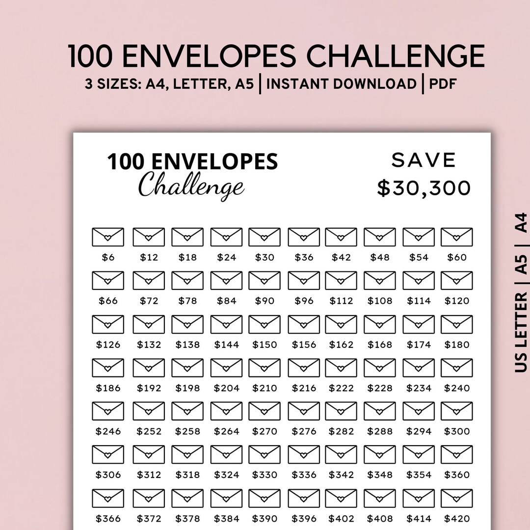 Printable 100 Envelope Challenge, 30,300 Savings Challenge Tracker ...