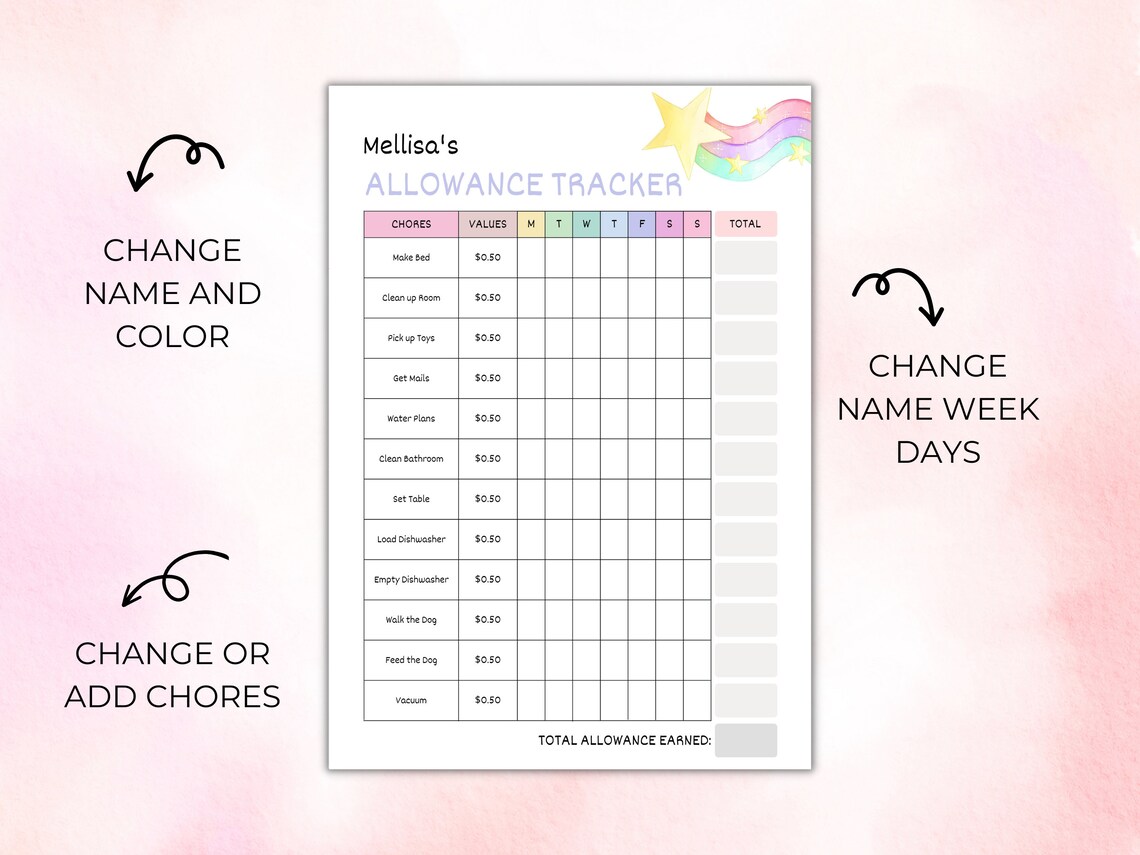 Editable Allowance Tracker for Kids, Printable Allowance Chore Chart ...