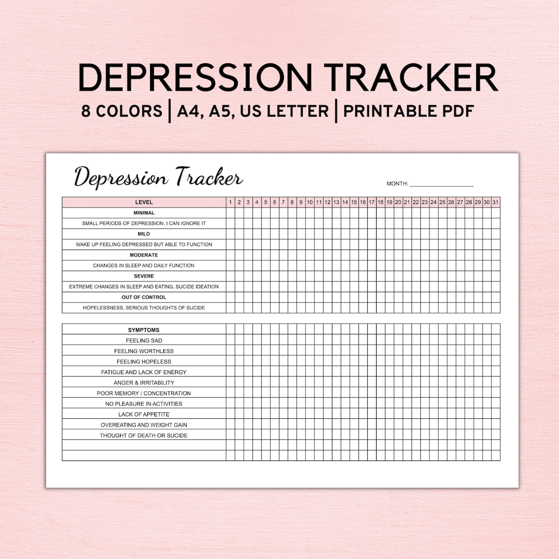 Depression Tracker Printable Depression Worksheet Anxiety - Etsy
