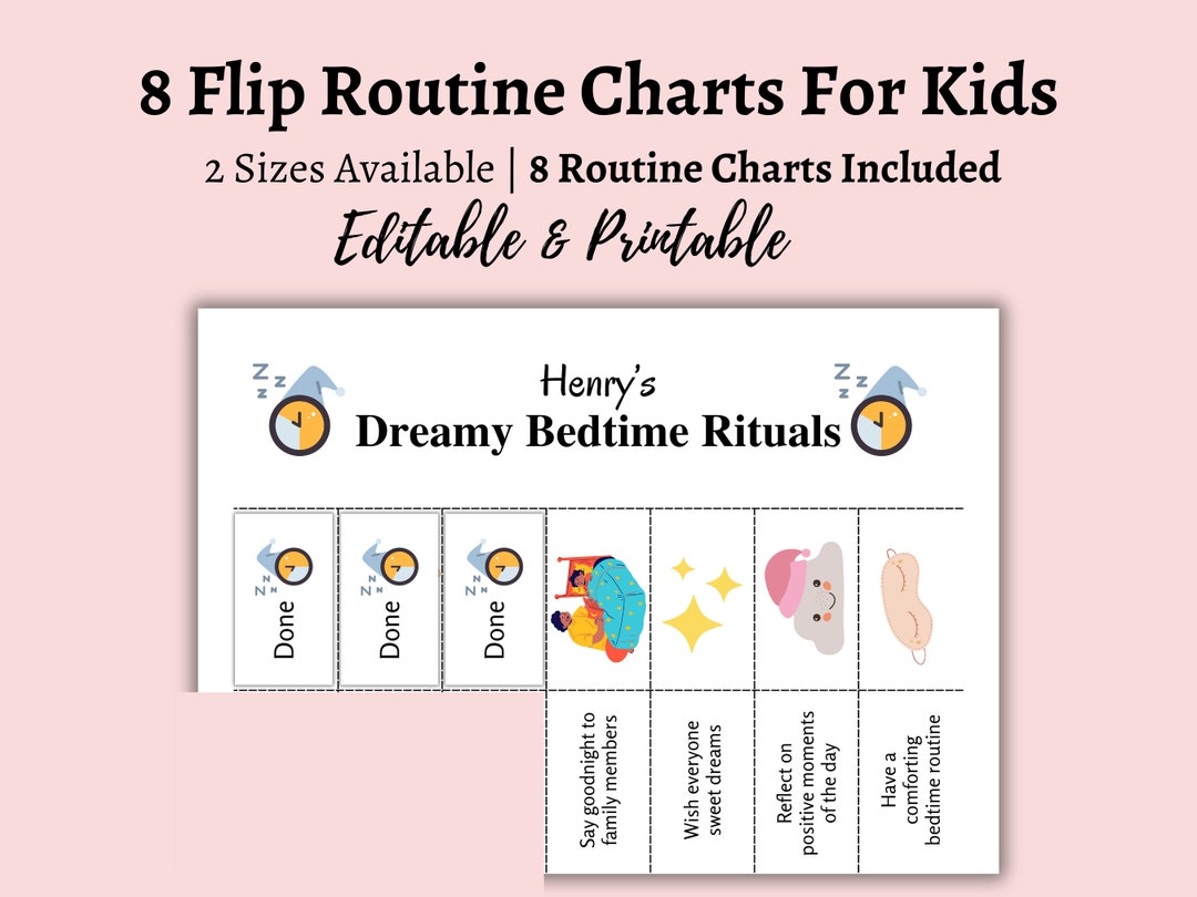 Editable Kids Flip Routine Chart, Bedtime Routine Chart, Kids Daily ...