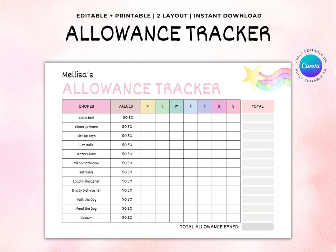 Editable Allowance Tracker for Kids, Printable Allowance Chore Chart ...