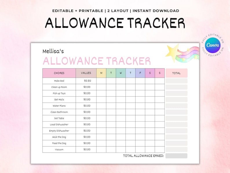 Editable Allowance Tracker for Kids, Printable Allowance Chore Chart ...