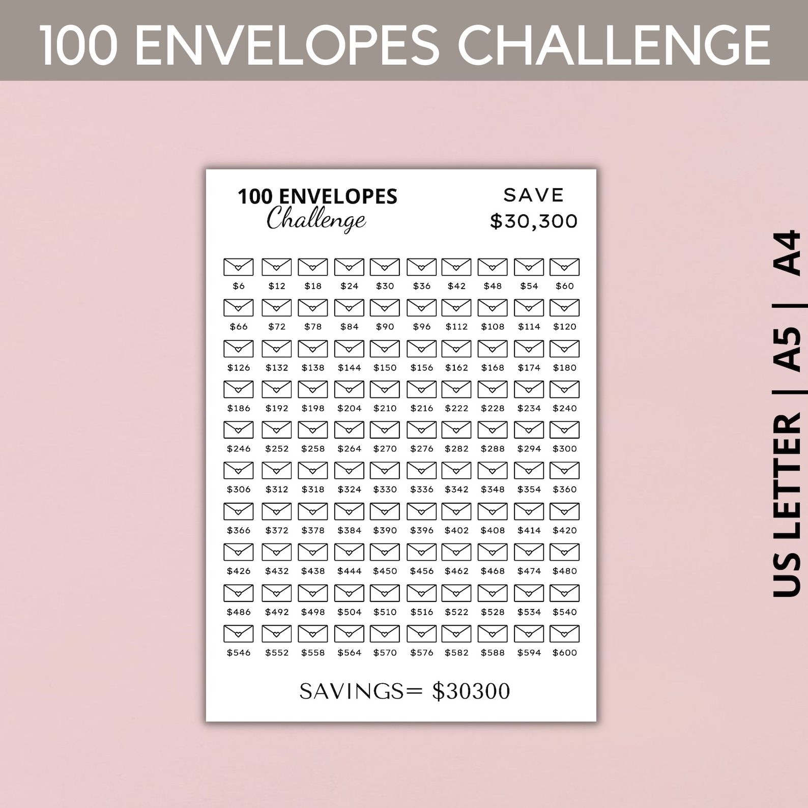 Printable 100 Envelope Challenge 30300 Savings Challenge | Etsy