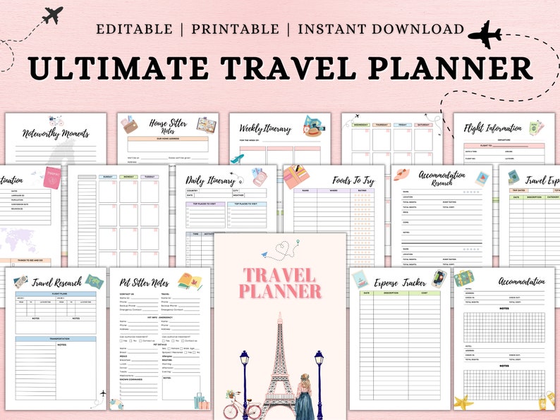 Editable Travel Planner Template,trip Itinerary Planner, Travel Journal ...