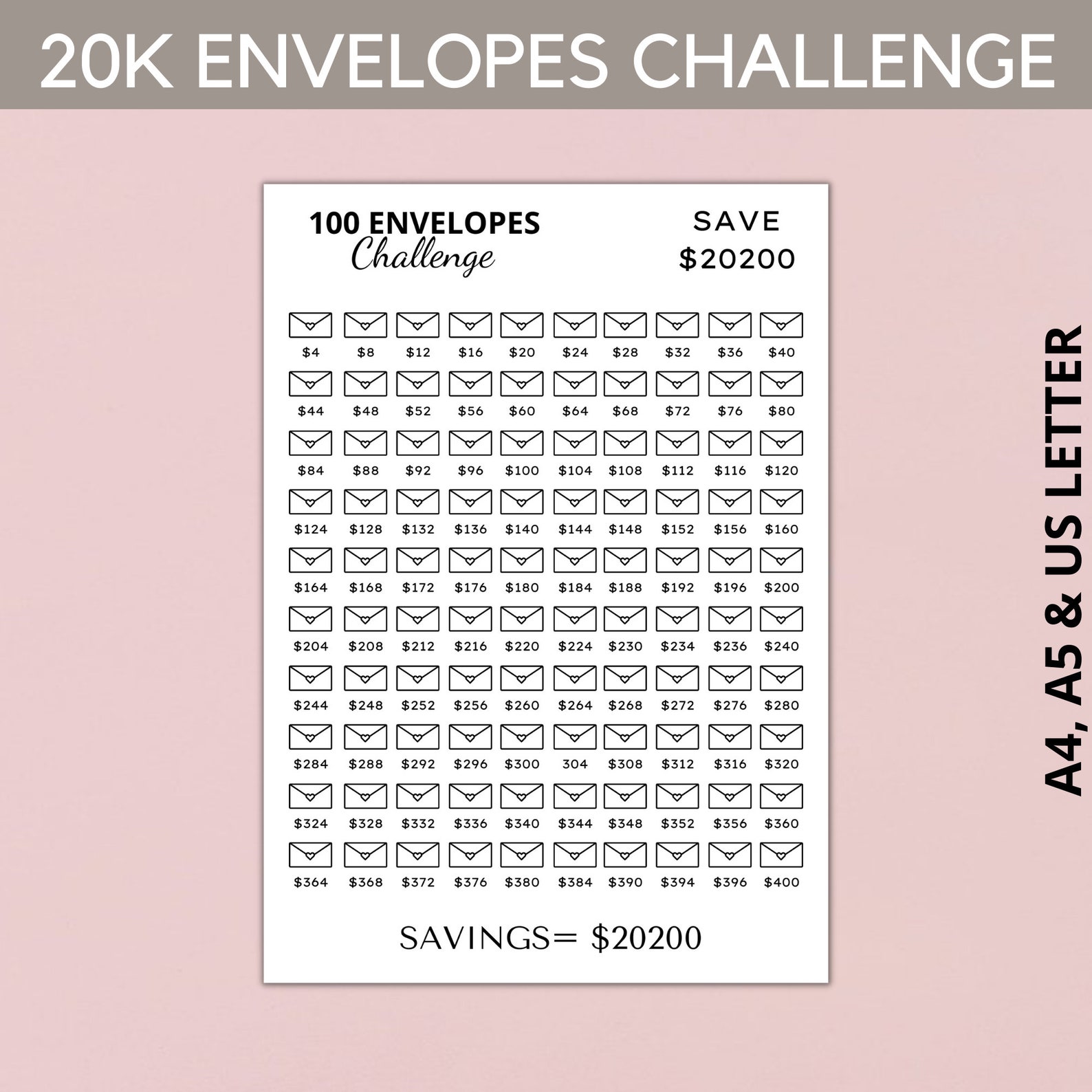 Printable 100 Envelope Challenge 20200 Savings Challenge - Etsy