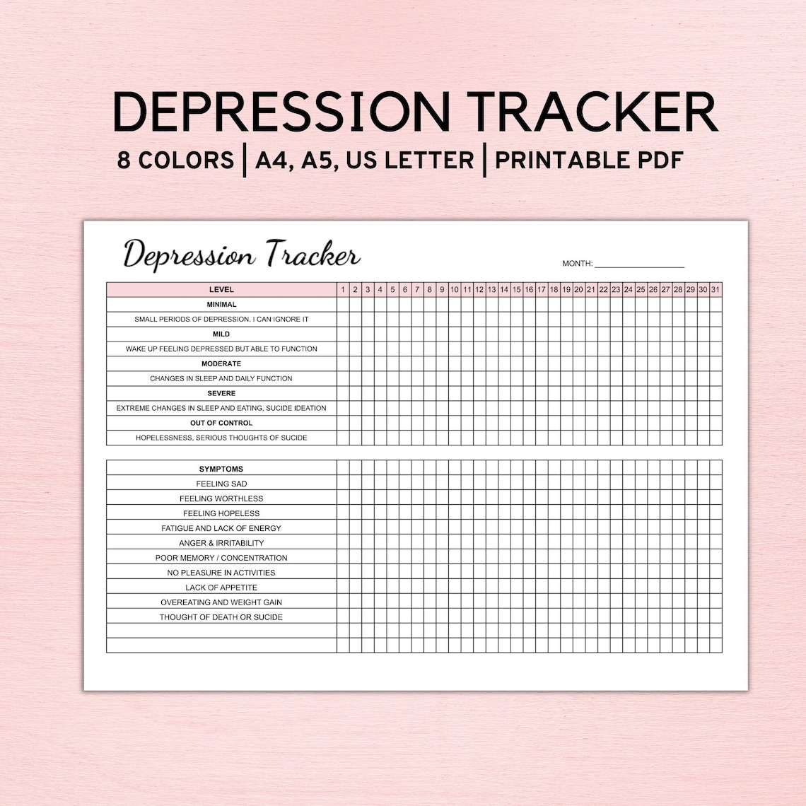 Depression Tracker Printable, Depression Worksheet, Anxiety Tracker ...