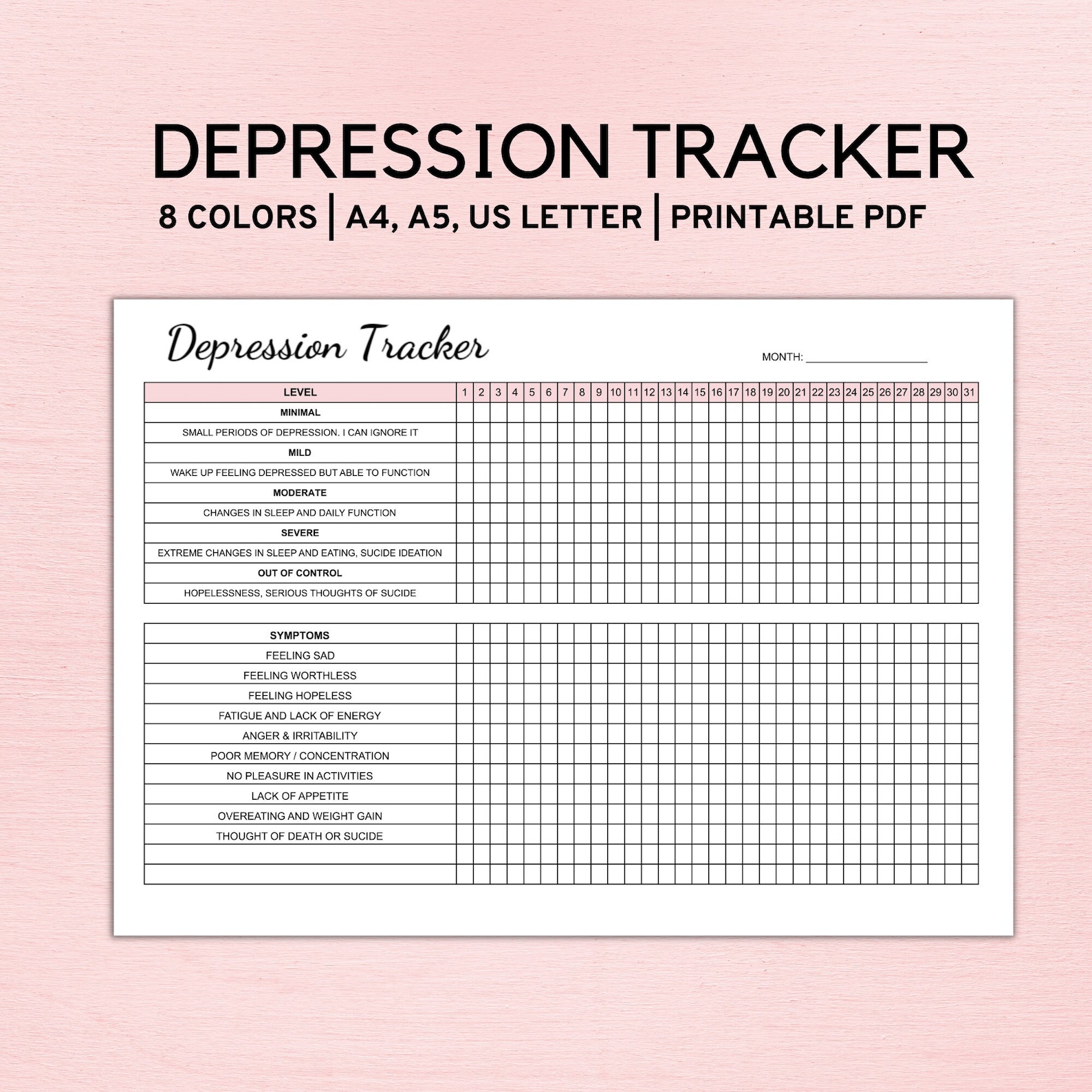 Depression Tracker Printable, Depression Worksheet, Anxiety Tracker ...