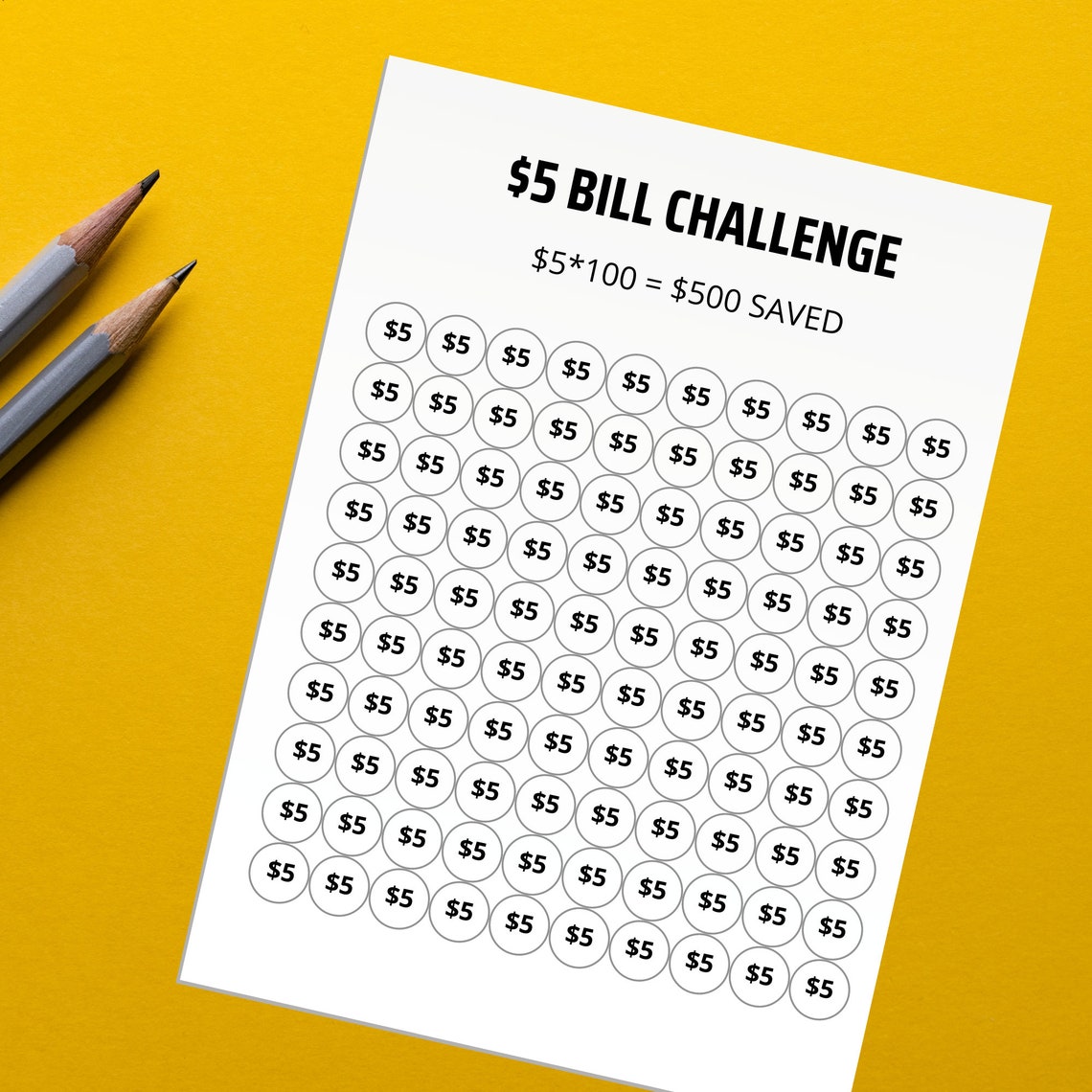 5 Dollar Bill Challenge Printable, Savings Challenge, Savings Tracker ...