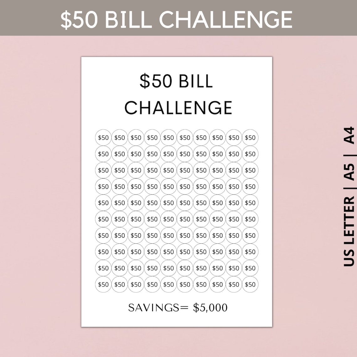 50 Dollar Bill Challenge Printable, 5k Savings Challenge, Savings ...