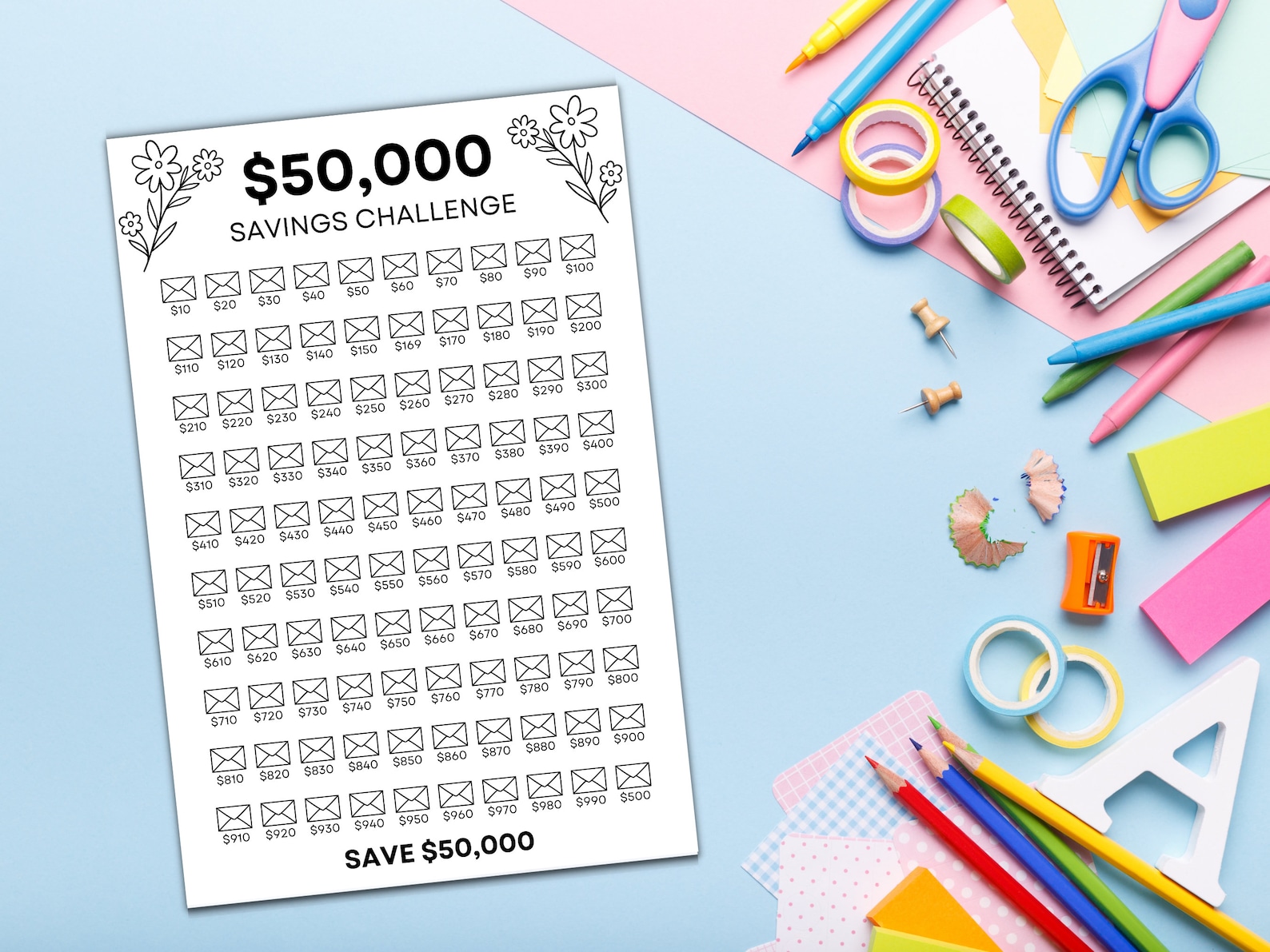 50000 Savings Challenge Printable, 100 Envelope Challenge Printable ...