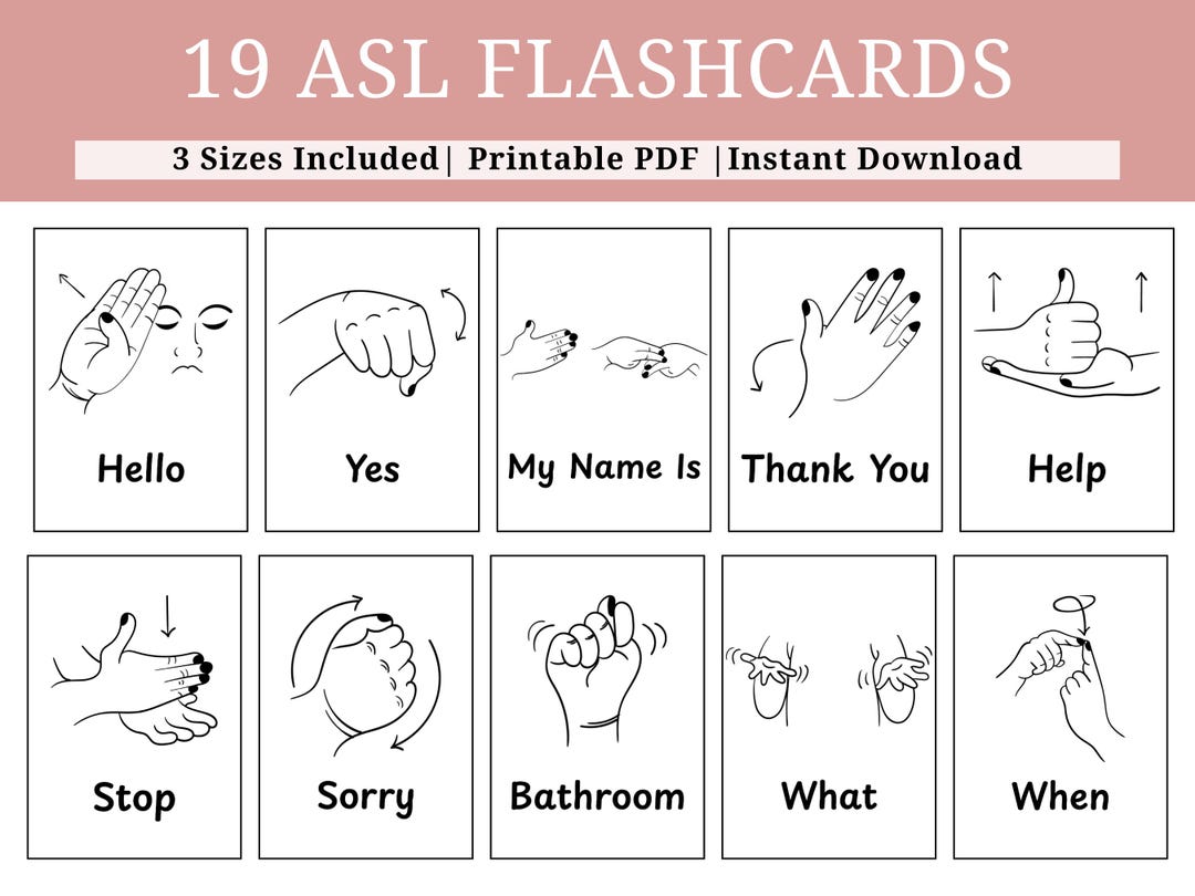 ASL Flashcards: 19 Basic Sign Language Cards for Kids (printable PDF, 5 ...