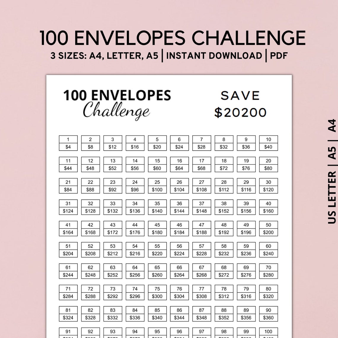 Printable 100 Envelope Challenge 20000 Savings Challenge - Etsy