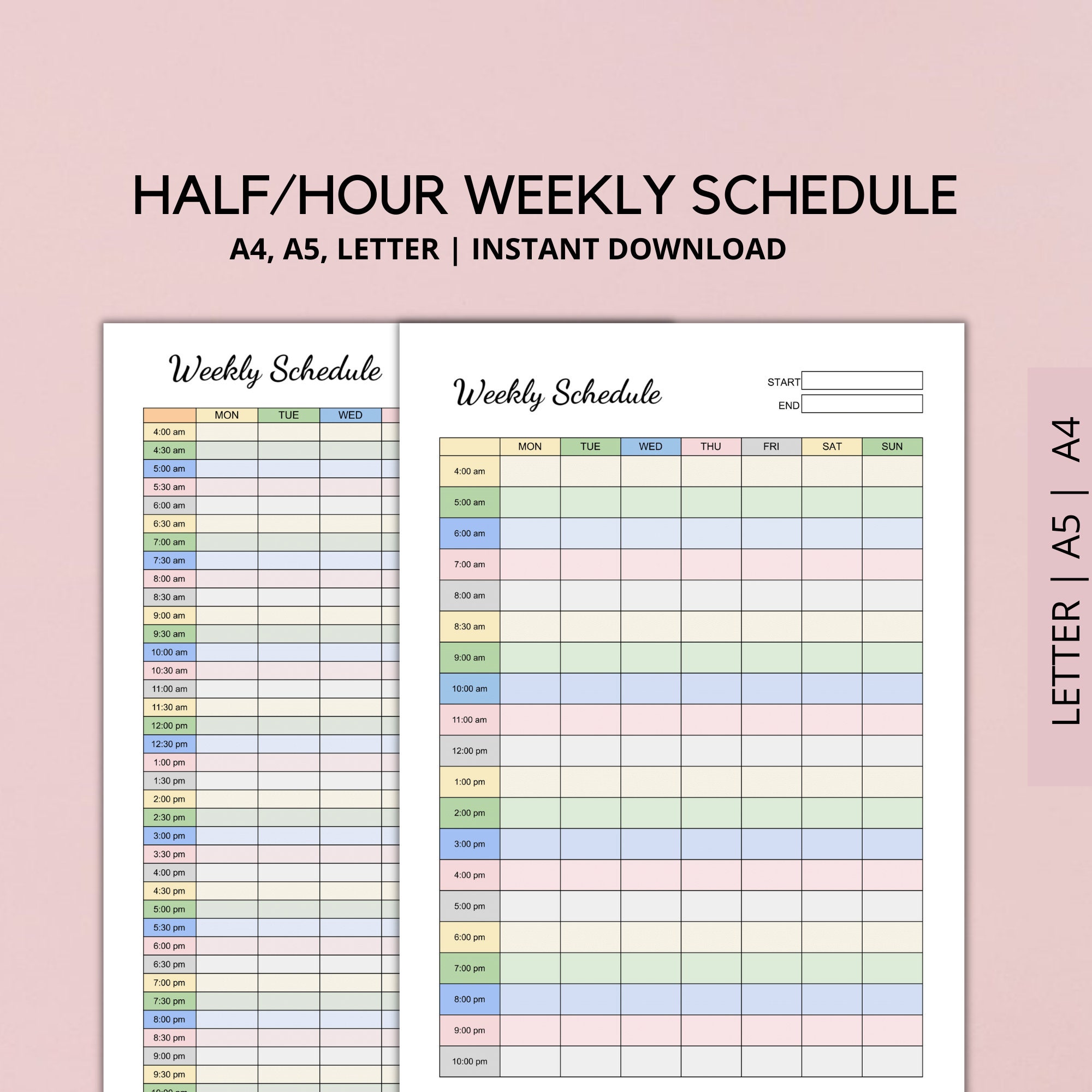 Half Hour Weekly Schedule, Hourly Schedule, Weekly Planner Printable ...