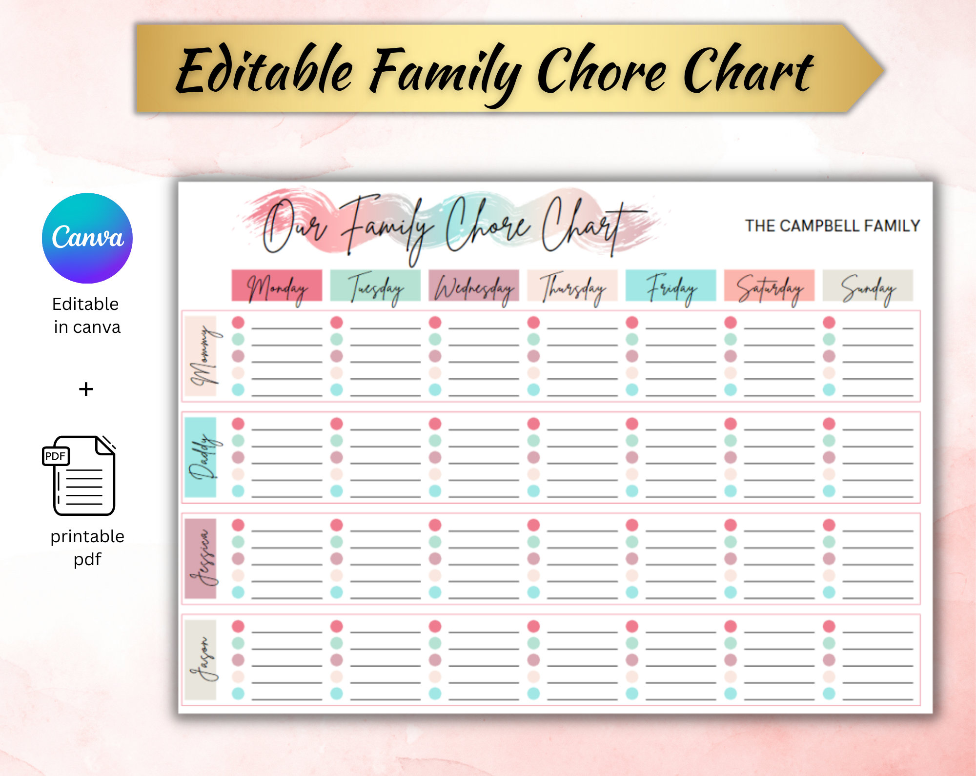 Editable Family Chore Chart Family Planner Printable Weekly - Etsy