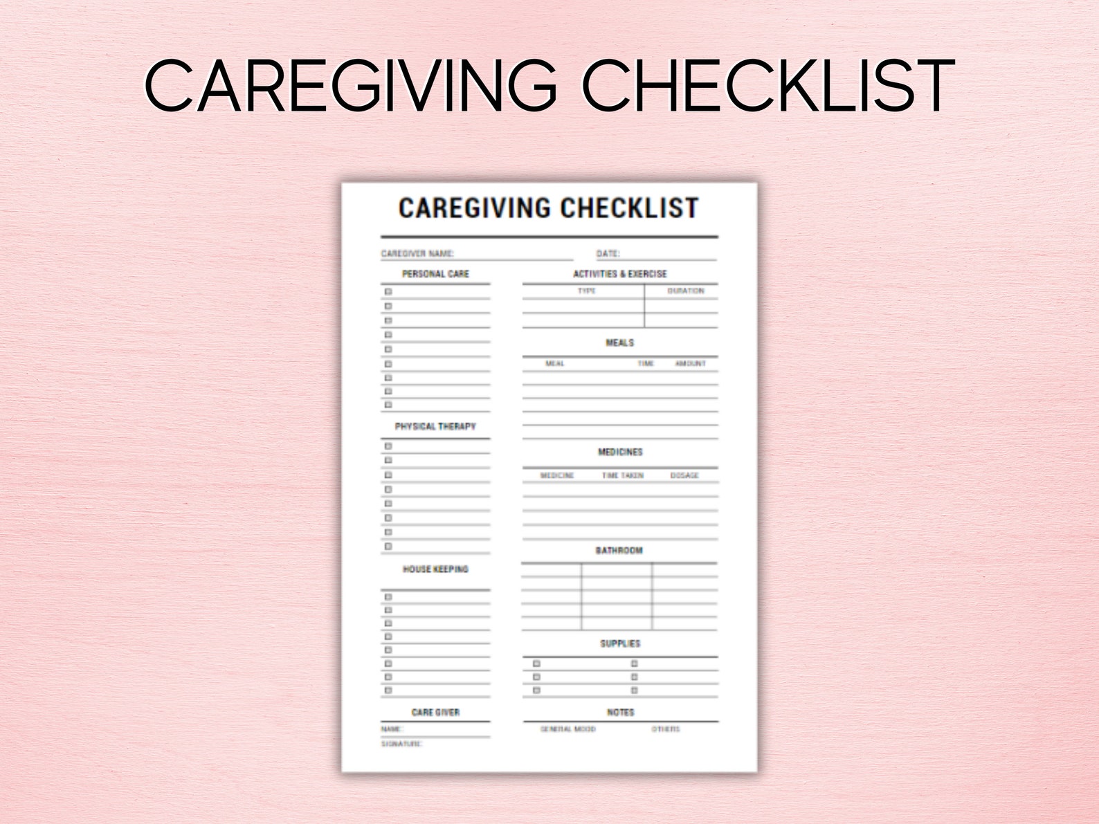 Editable Caregiver Checklist Printable, Caregiver Daily Log, Caregiver ...