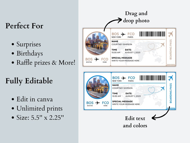 Editable Boarding Pass Template, Printable Travel Ticket Invitation ...