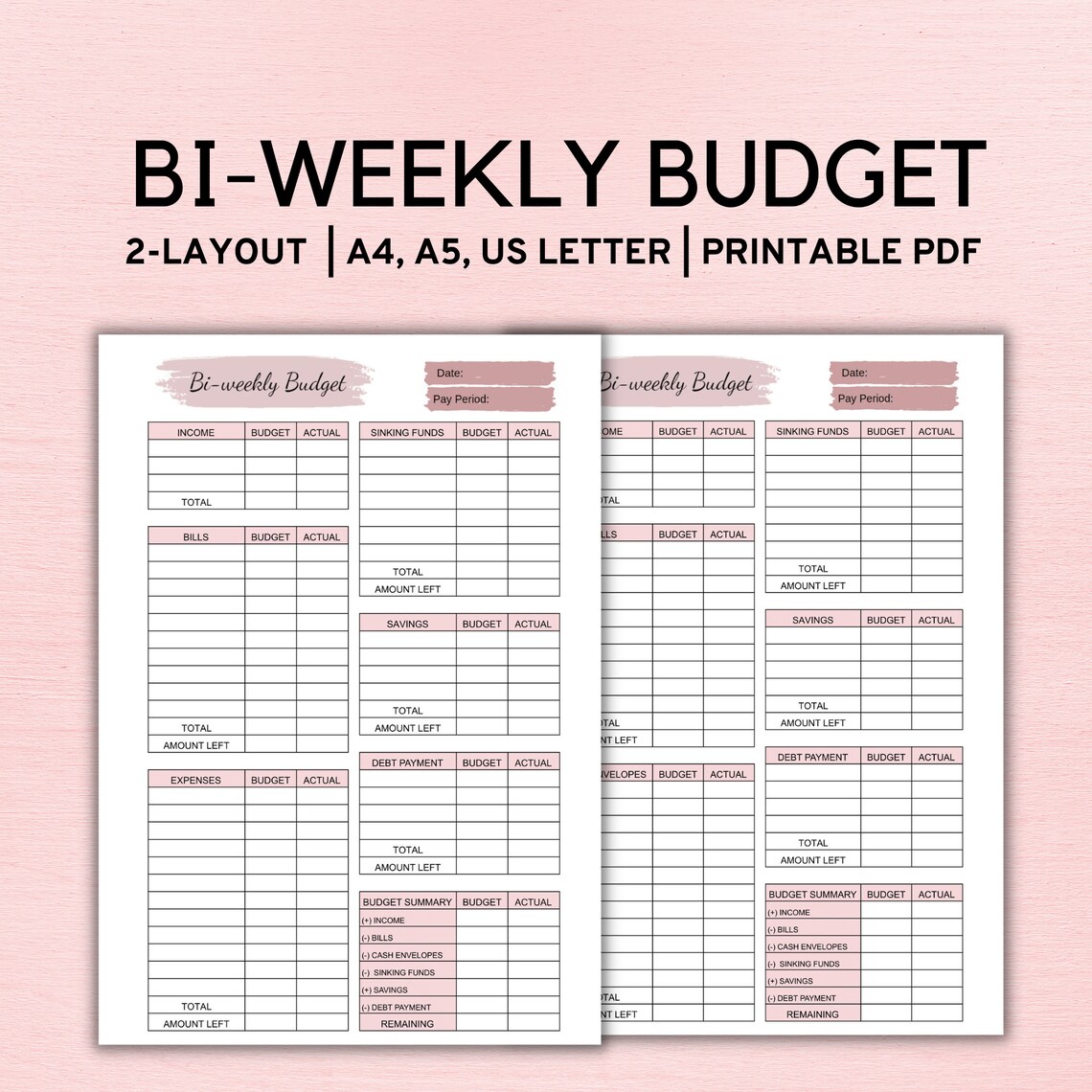 Pink Bi Weekly Budget Planner Template Paycheck Budget - Etsy
