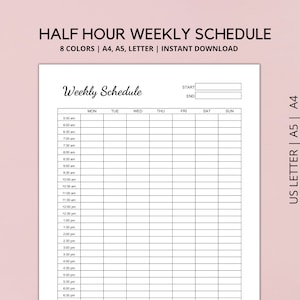Half Hour Weekly Schedule, Half Hour Planner, Weekly Planner Printable ...
