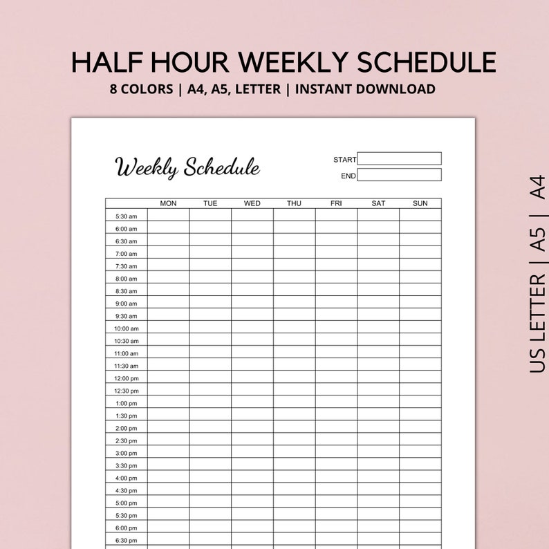 Half Hour Weekly Schedule, Half Hour Planner, Weekly Planner Printable ...