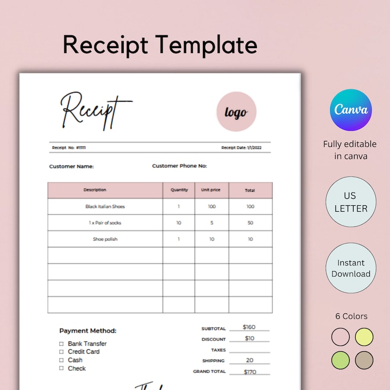 Editable Receipt Template Canva Business Receipt Invoice - Etsy