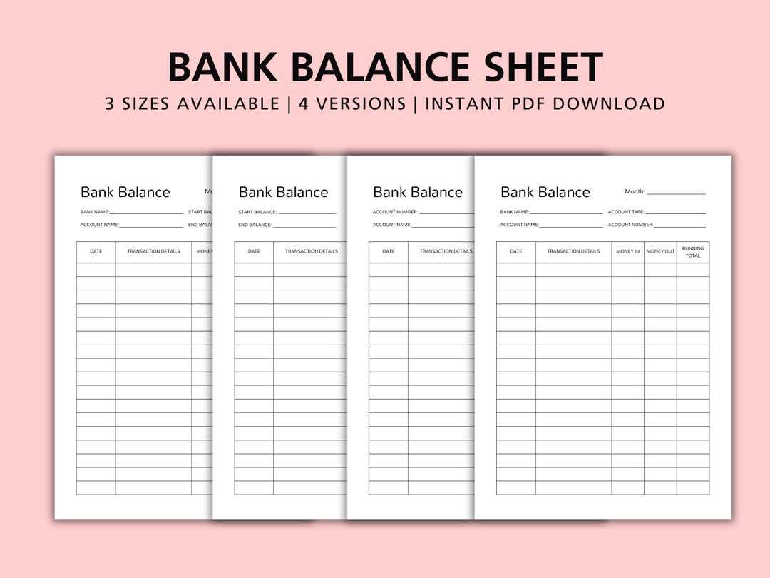 Bank Balance Sheet Printable: Budget Tracker Template (digital Download ...