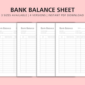 Bank Balance Sheet Printable: Budget Tracker Template (digital Download ...