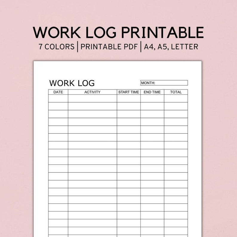 Work Log Printable, Time Spent Tracker, Time Log, Work Task Log PDF, A4 ...