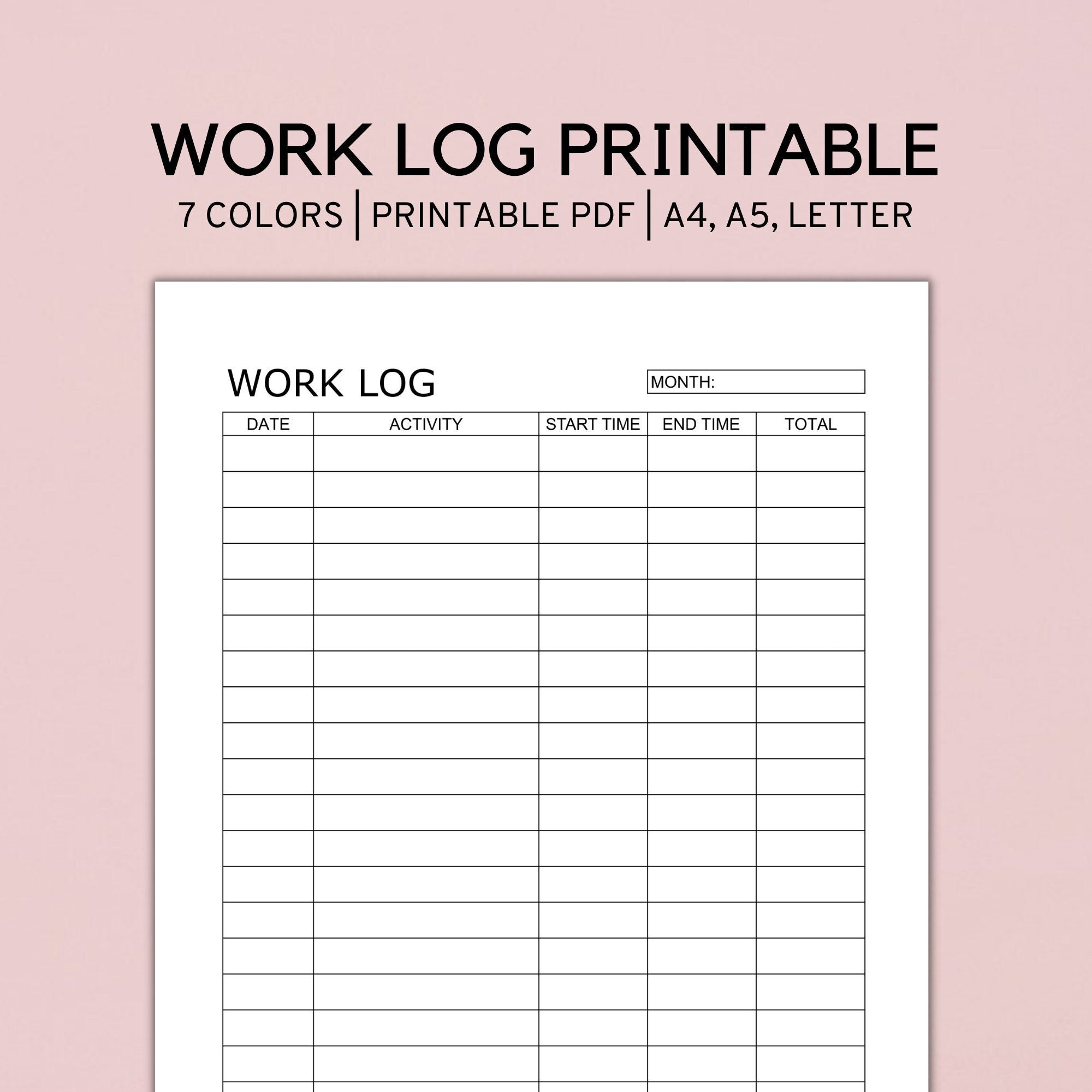 Work Log Printable, Time Spent Tracker, Time Log, Work Task Log - PDF ...