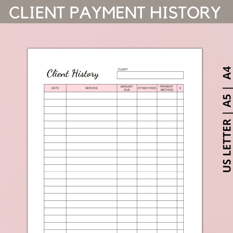 Client History Tracker Printable, Client Tracker, Payment Log, Payment ...