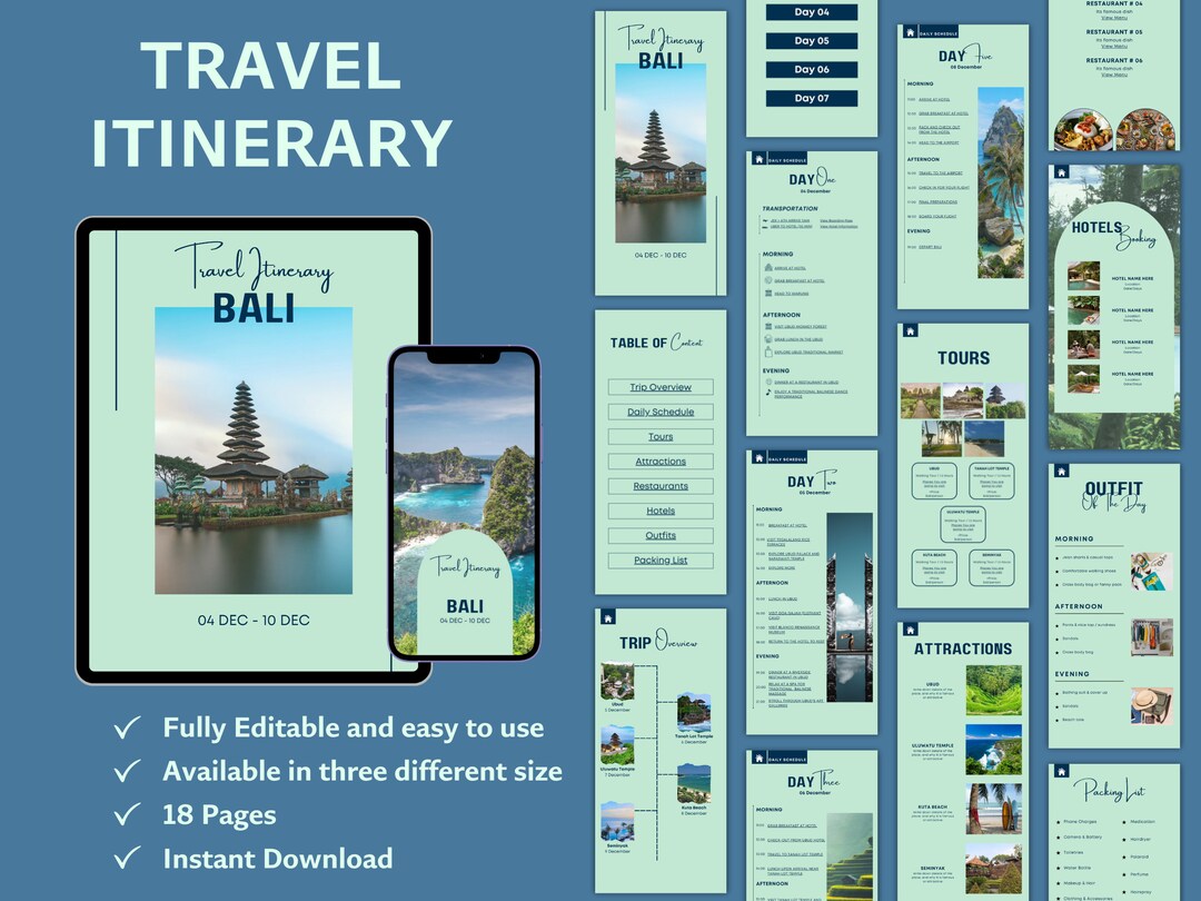 Bali Travel Itinerary Template, Editable Travel Planner, Digital Travel ...
