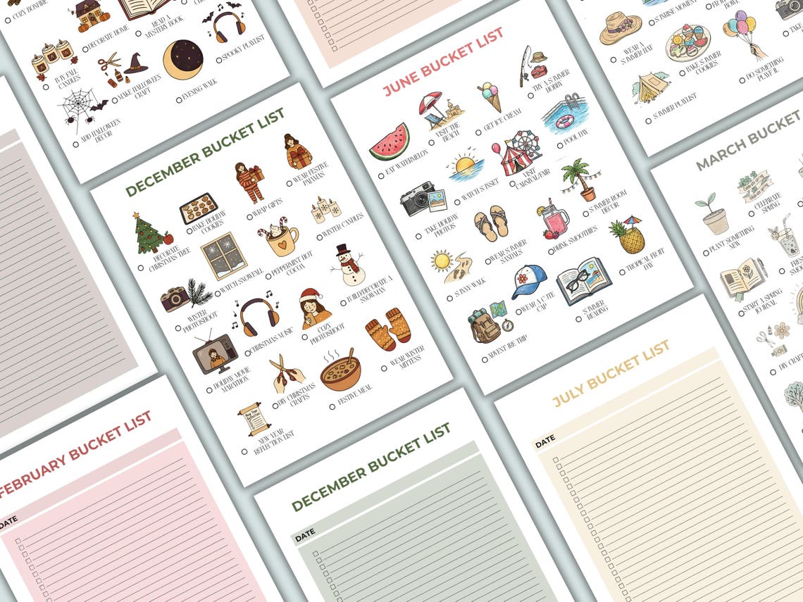 12 Monthly Bucket List Printable | 24 Pages | Aesthetic Bucket List for ...