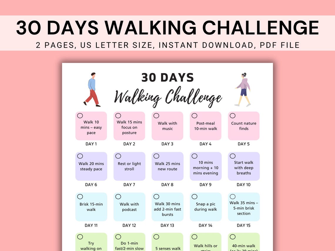 30 Day Walking Challenge Printable, Monthly Walking Tracker, 30 Day ...