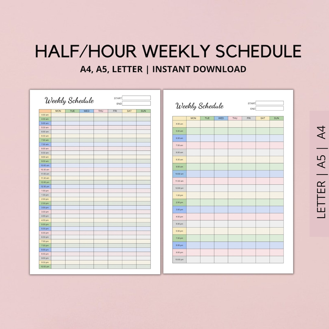 Half Hour Weekly Schedule, Hourly Schedule, Weekly Planner Printable ...