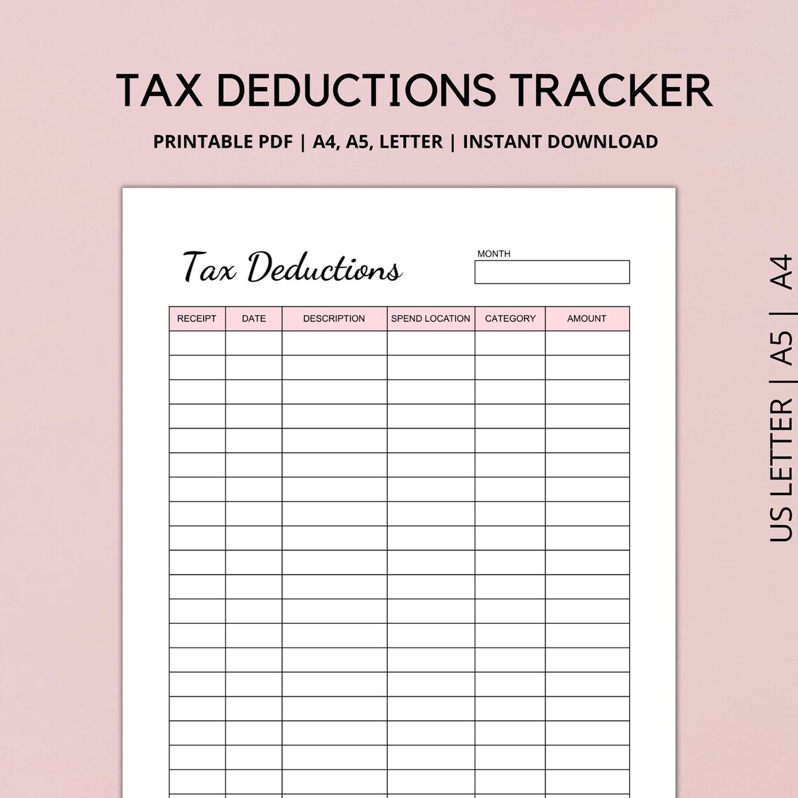 Tax Deduction Tracker Printable, Business Tax Log, Expenses Tracker ...