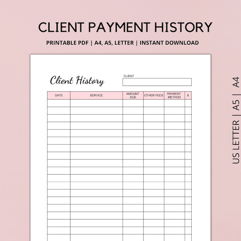 Client History Tracker Printable, Client Tracker, Payment Log, Payment ...