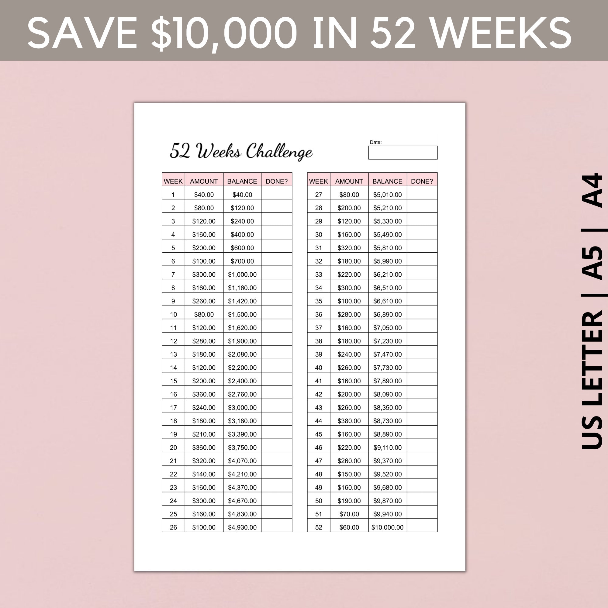 52 Week Savings Challenge 10000 Savings Challenge Tracker - Etsy