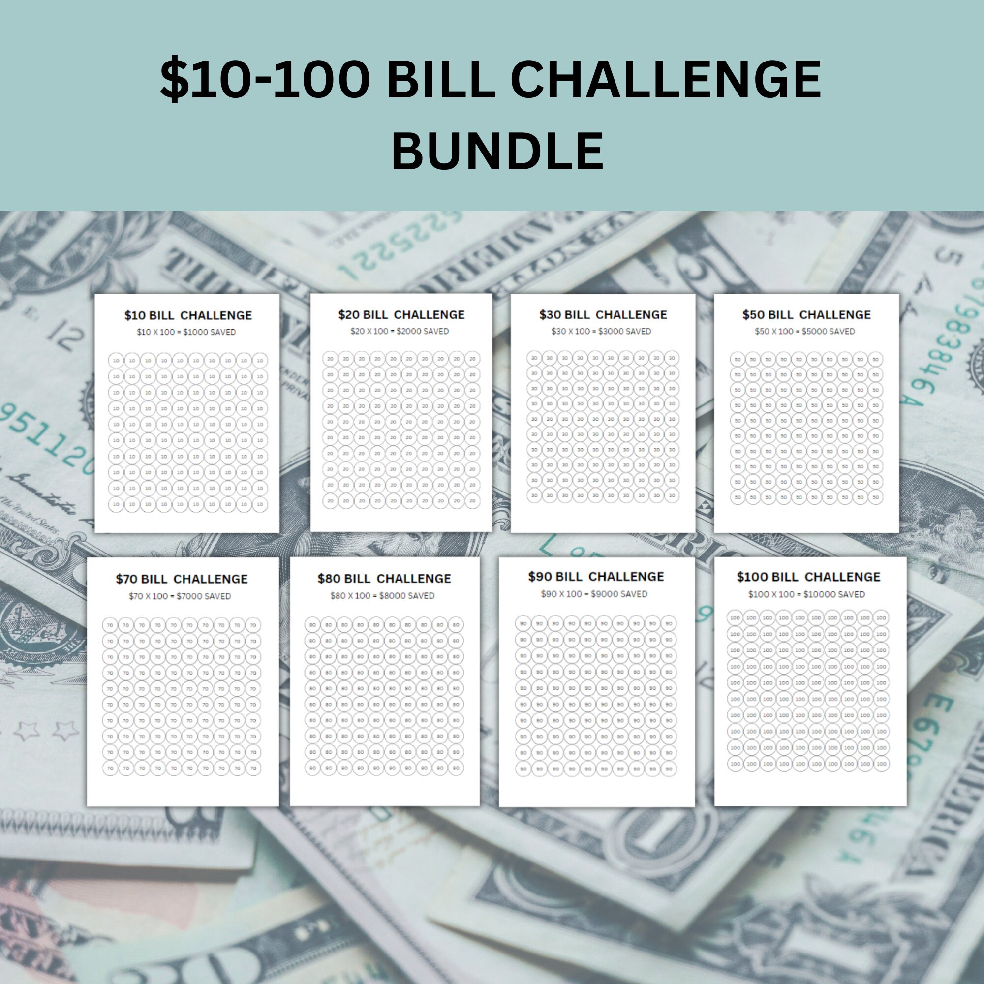 10-100 Dollar Bill Challenge Printable, Bundle Bill Challenge, Savings ...