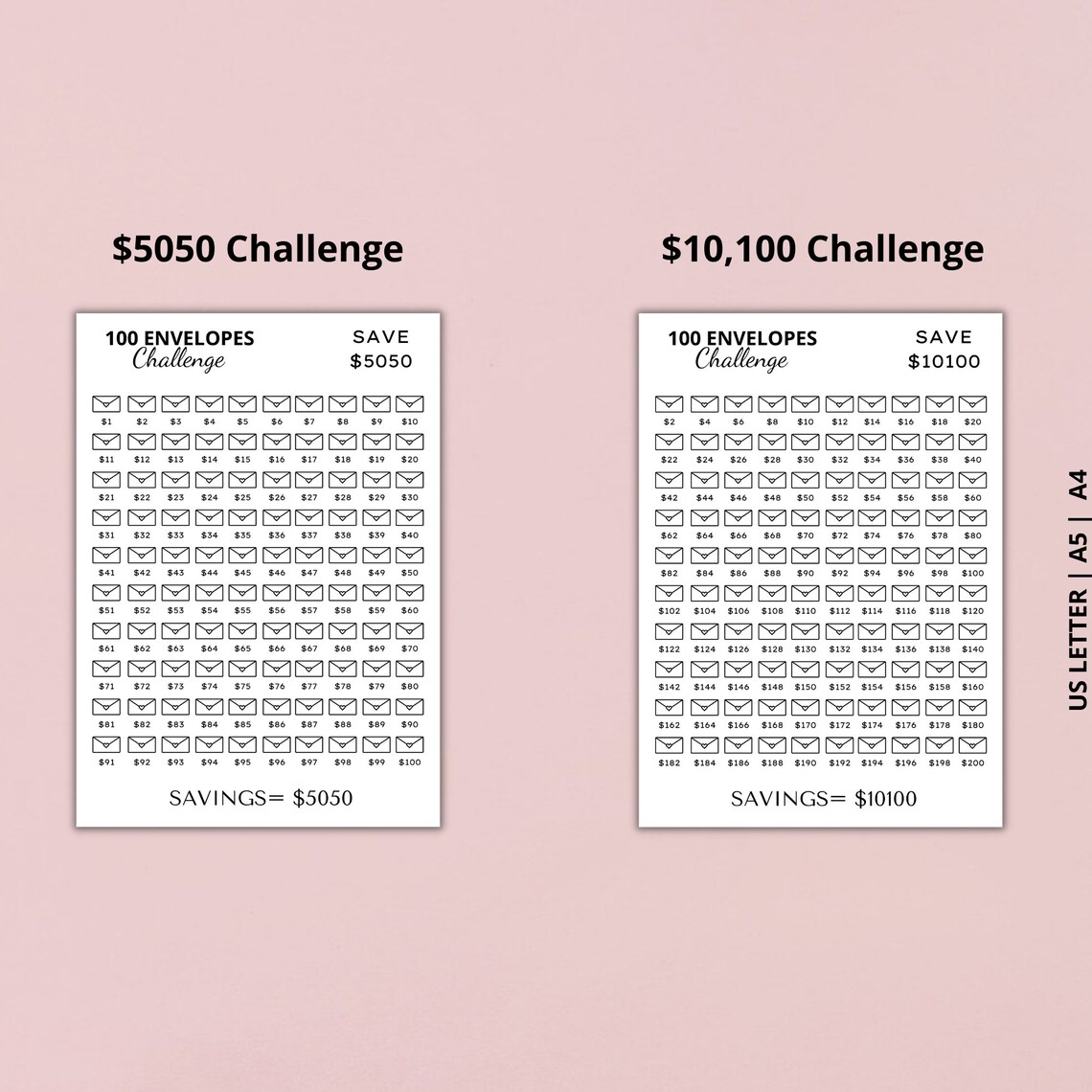Printable 100 Envelope Challenge Bundle Savings Challenge - Etsy