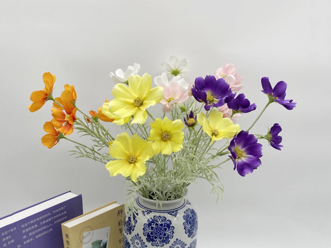 Galsang Flower Stem With Leaves, Fake Cosmos Daisy Spray, Artificial ...