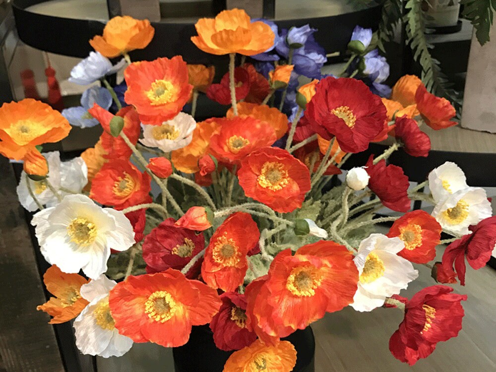 Artificial Poppy With Foliage, Fake Rustic Wildflowers, Home Flower ...