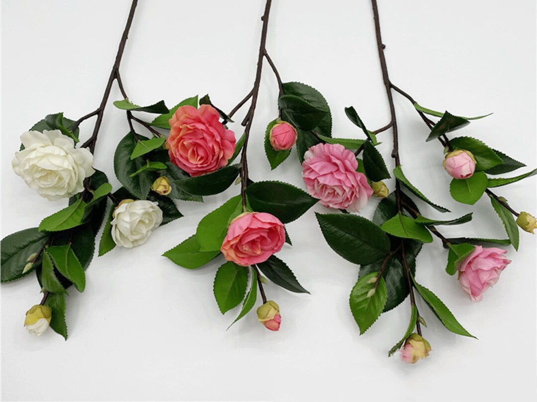 Realistic Camellia Branch With Buds and Leaves, Artificial Flower Stem ...