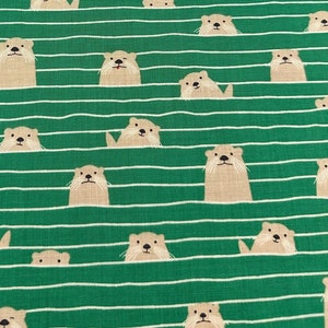 1/2 Yard Otter Assembly Green Stripes Cute Animals 100% Cotton Quilting ...