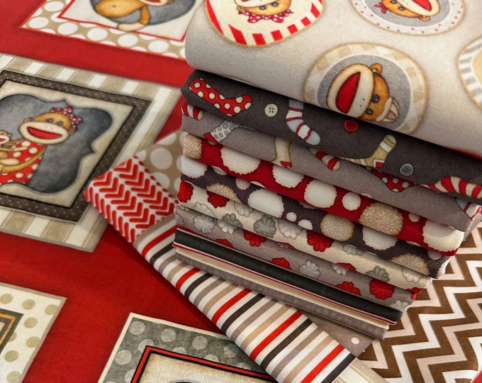 9 Piece Monkey Biz 1/2 Yard Bundle PLUS 2 Panels | FQ | Socks | Stripes ...